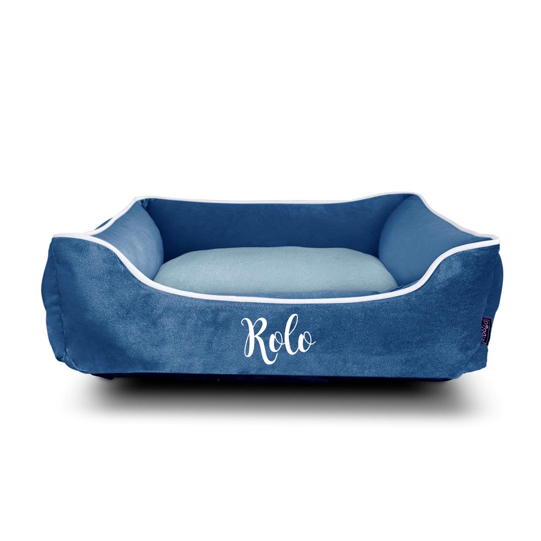 Personalised Dog Bed: LUXE Blue VELVET Luxury Dog Bed, Machine Washable ...