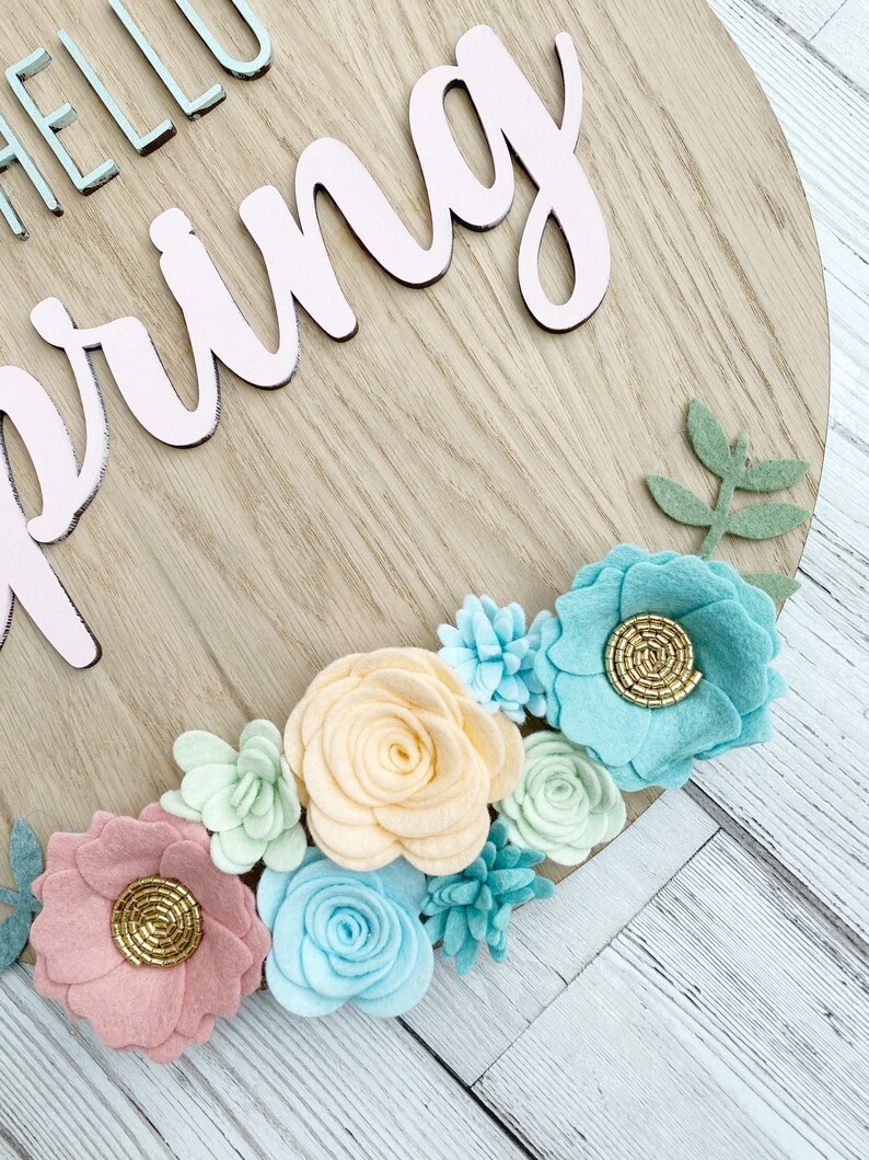 Spring Wall Art Wall Plaque Home Decor Felt Flowers Oak | Etsy