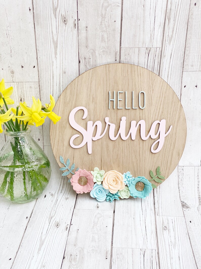 Spring Wall Art Wall Plaque Home Decor Felt Flowers Oak | Etsy