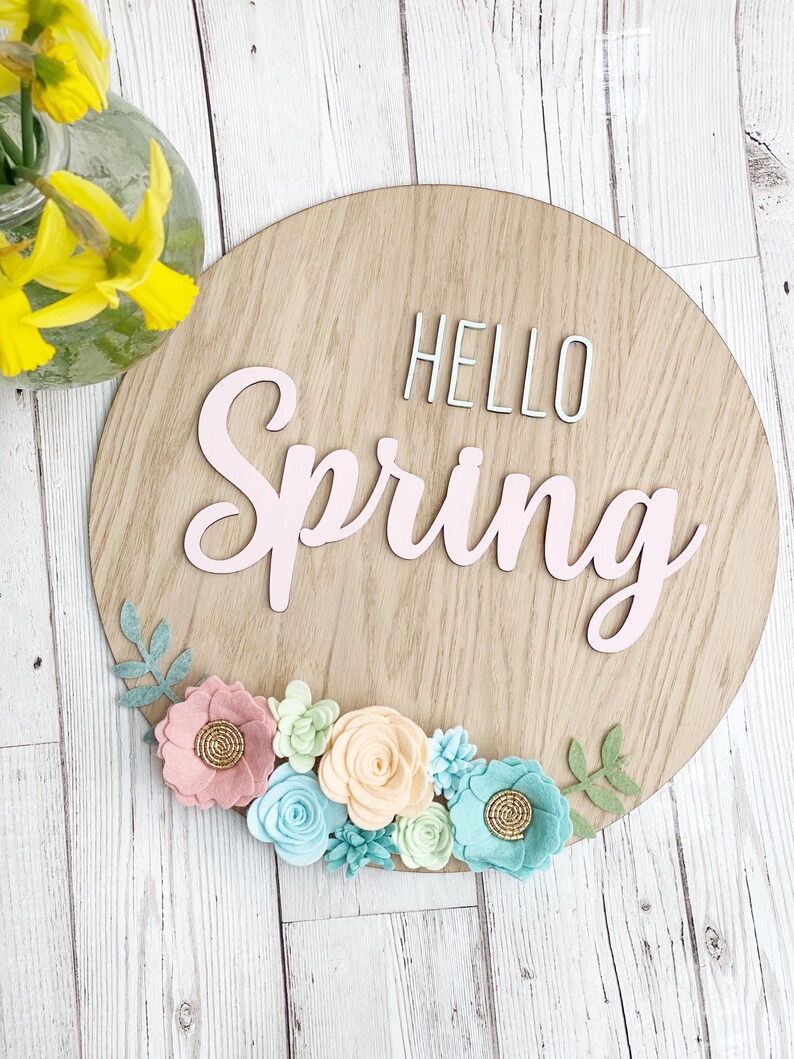 Spring Wall Art Wall Plaque Home Decor Felt Flowers Oak | Etsy