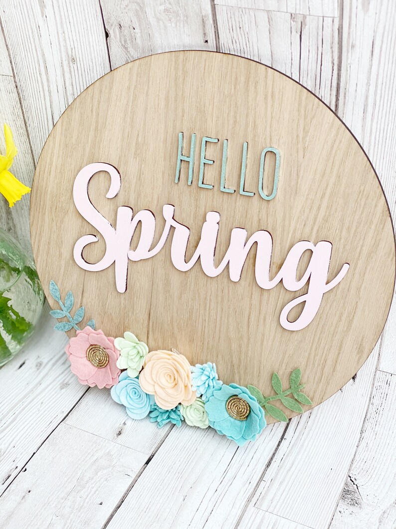 Spring Wall Art Wall Plaque Home Decor Felt Flowers Oak | Etsy