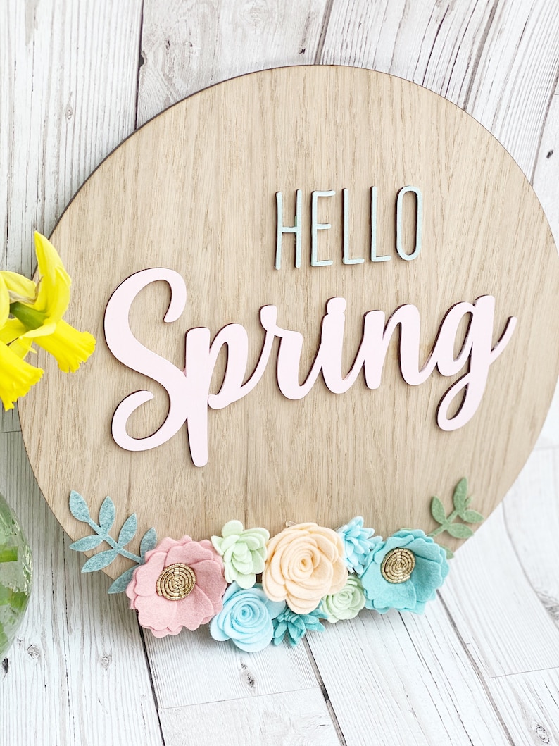 Spring Wall Art Wall Plaque Home Decor Felt Flowers Oak | Etsy