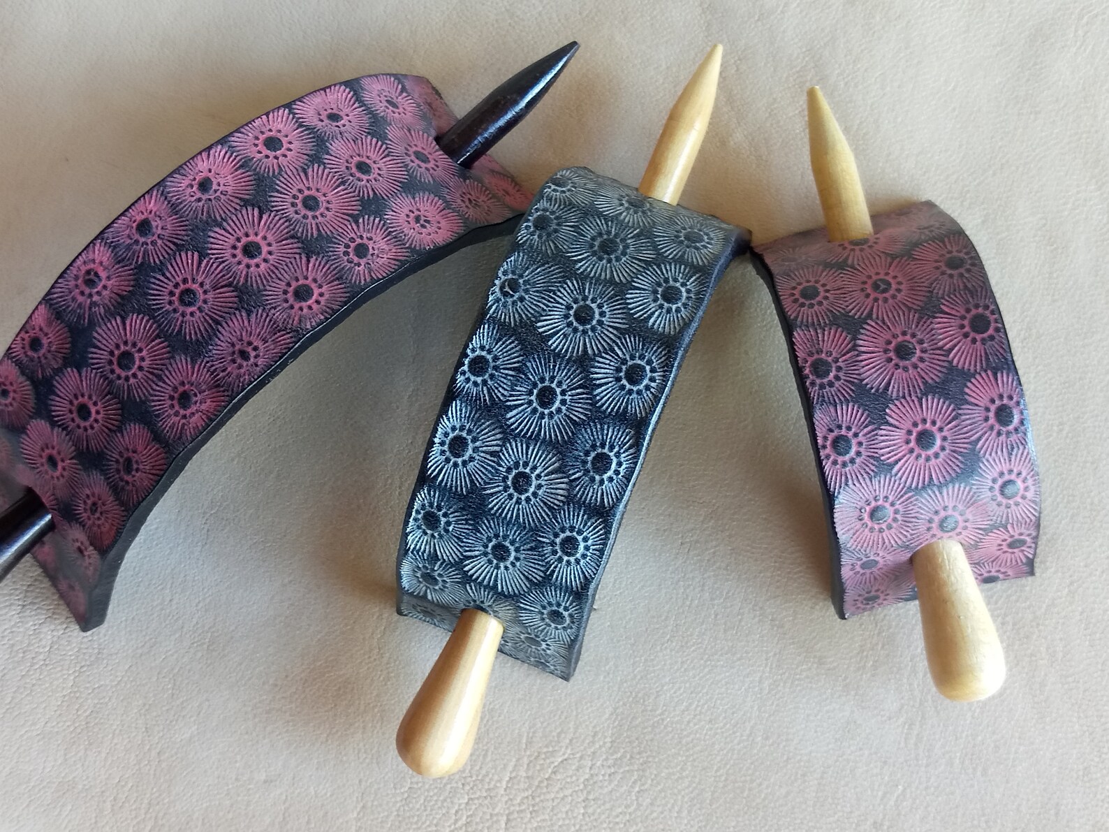 Handmade Leather Hair Stick Barrette, Stamped Flower Design Real ...