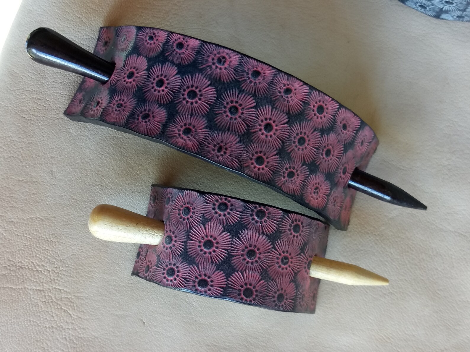 Handmade Leather Hair Stick Barrette, Stamped Flower Design Real ...
