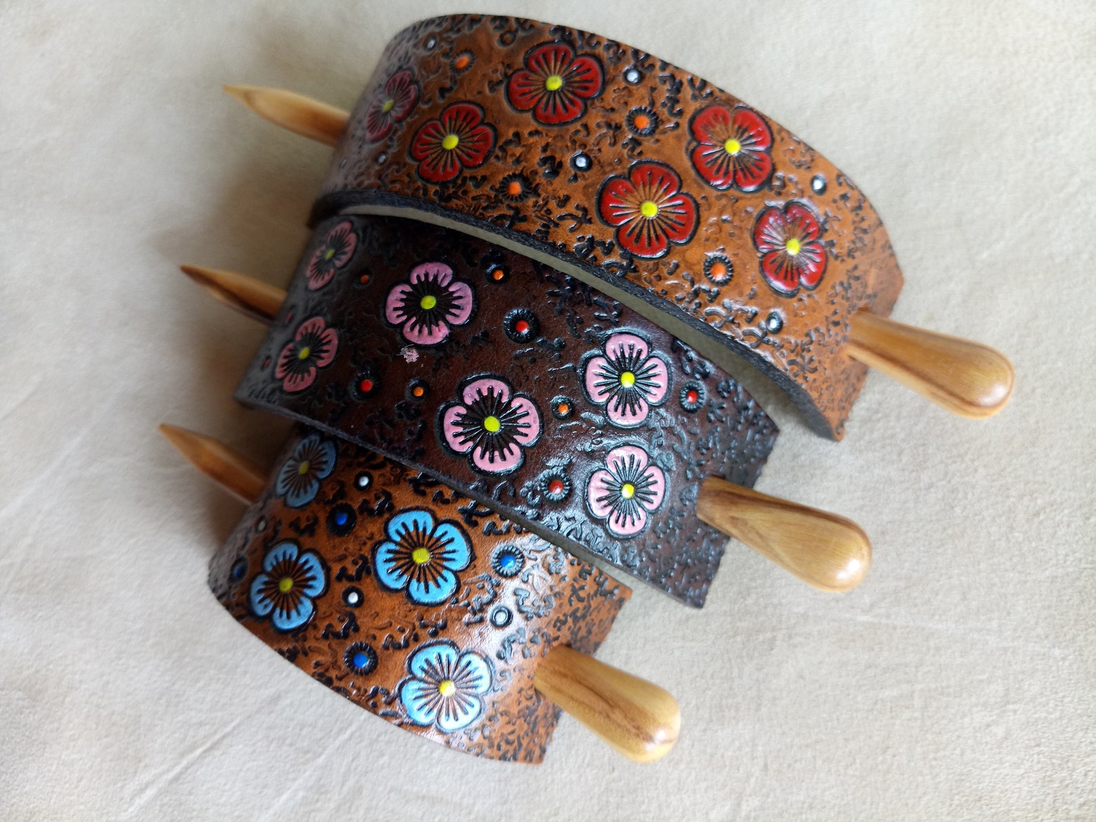 Handmade Leather Hair Stick Barrette With Flower Design, Leather Hair ...