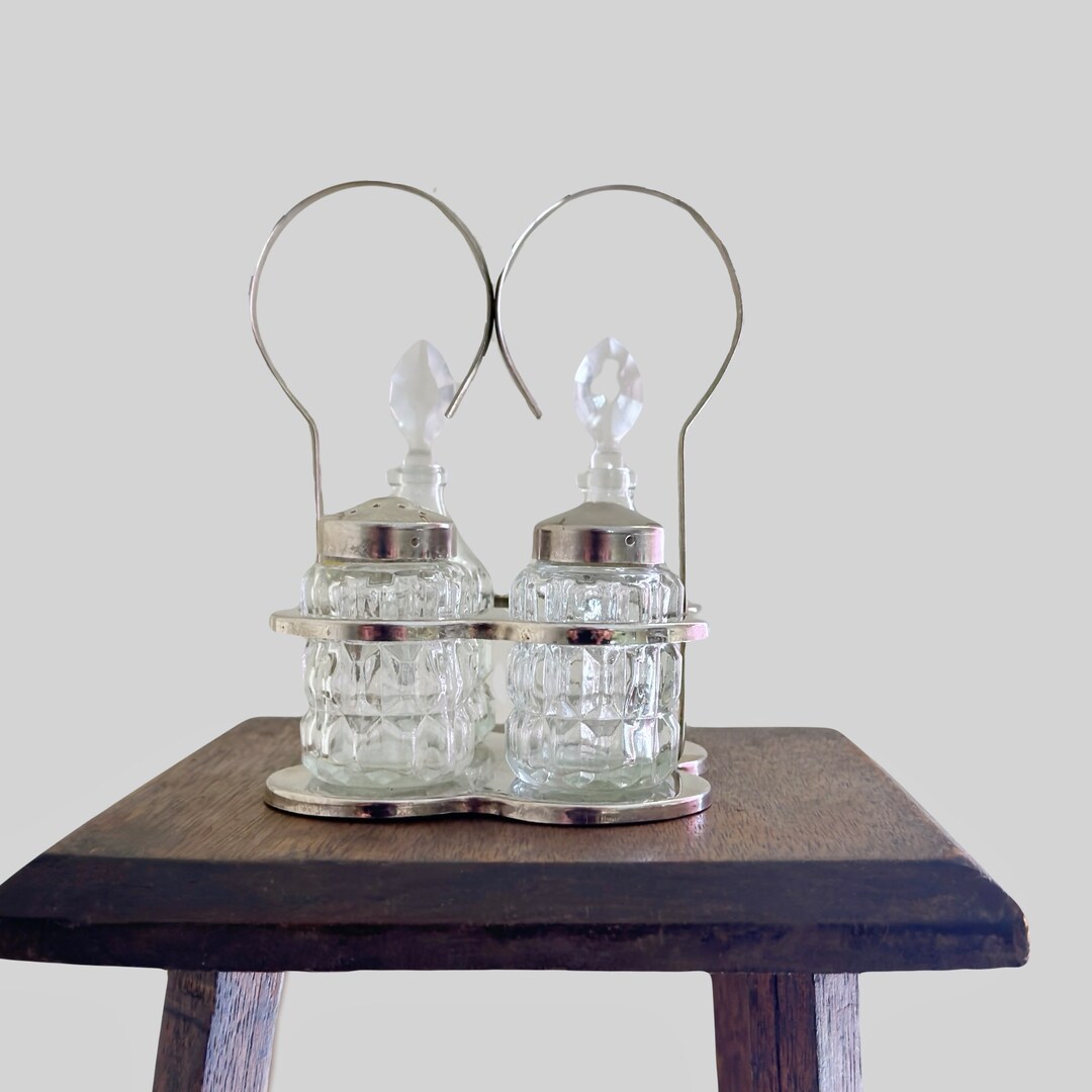 Vintage Glass Cruet Set With Stand Vintage Four Piece Condiment Caddy ...