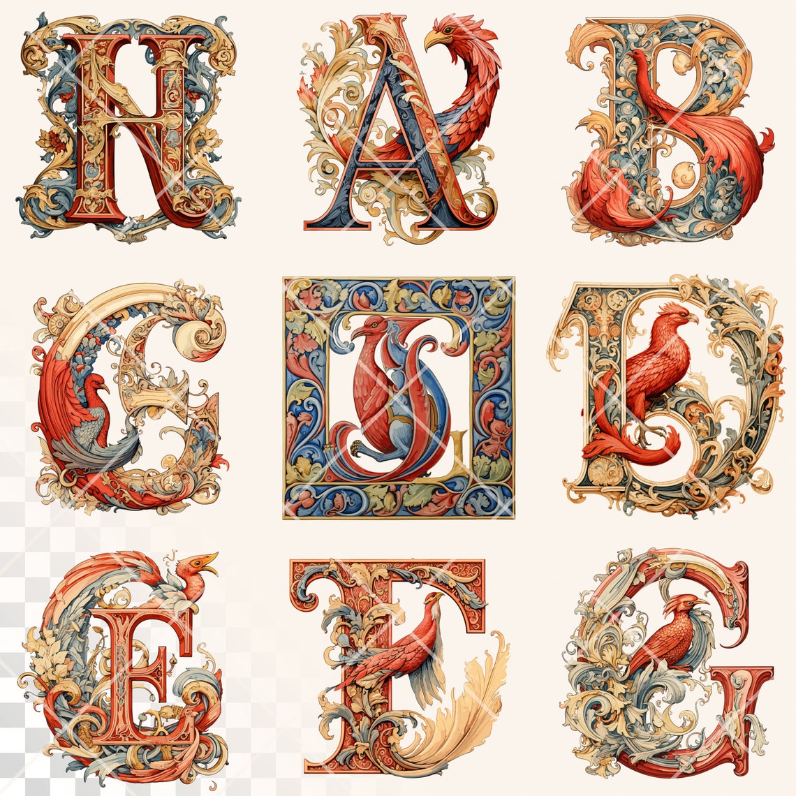 Pheonix Alphabet | Transparent PNG SVG | Illuminated Manuscript Letters ...