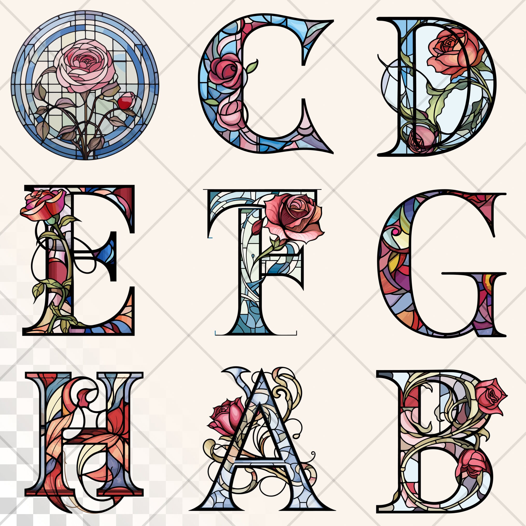 Stained Glass Art Alphabet Transparent SVG PNG Art Nouveau Letters Rose ...