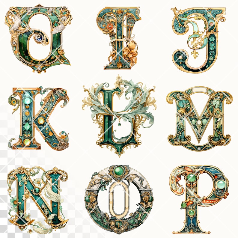 Emerald Alphabet | Transparent PNG SVG | Illuminated Letters | May ...