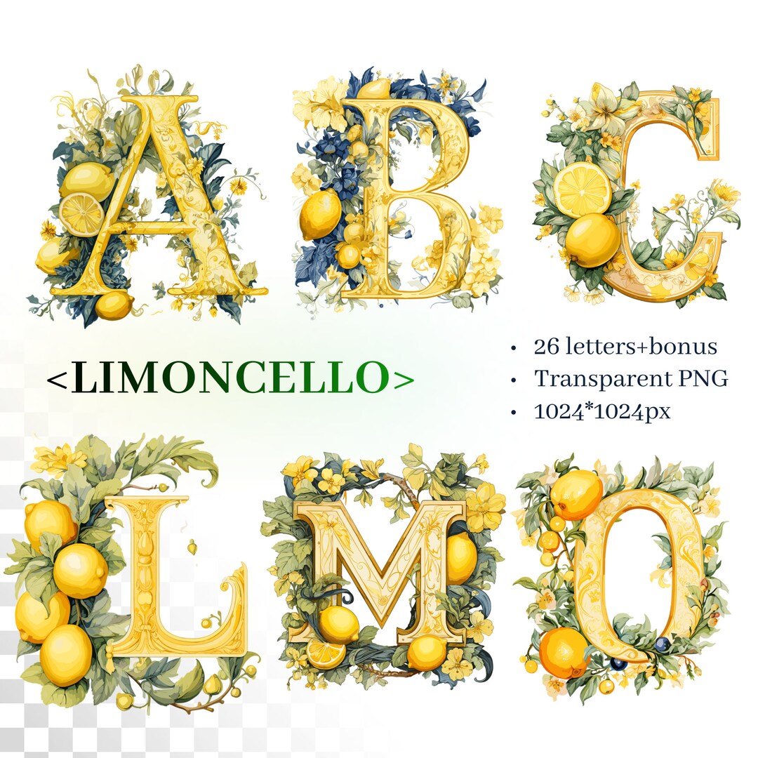 Limoncello Alphabet | Transparent PNG SVG | Summer Illuminated Letters ...