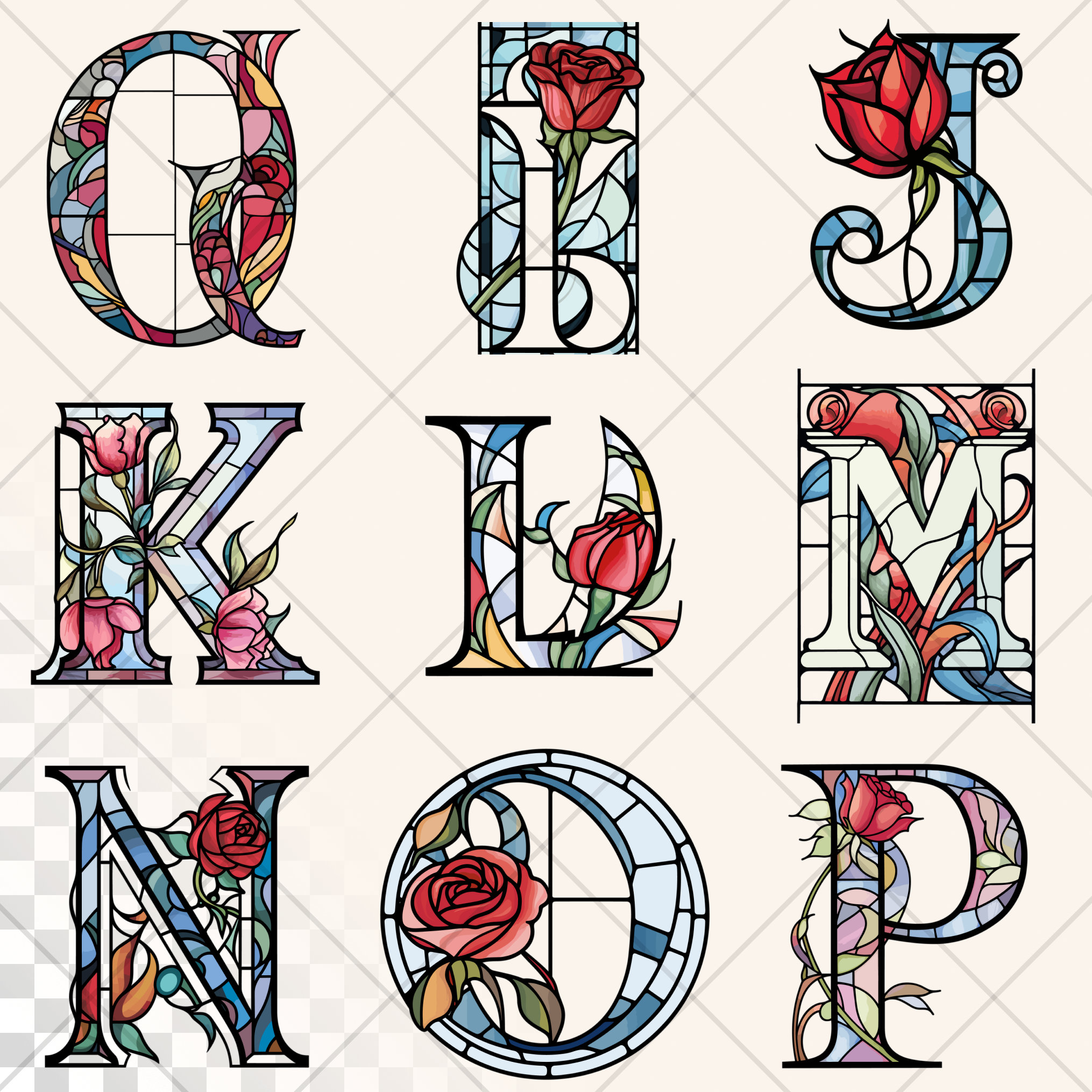 Stained Glass Art Alphabet Transparent SVG PNG Art Nouveau Letters Rose ...