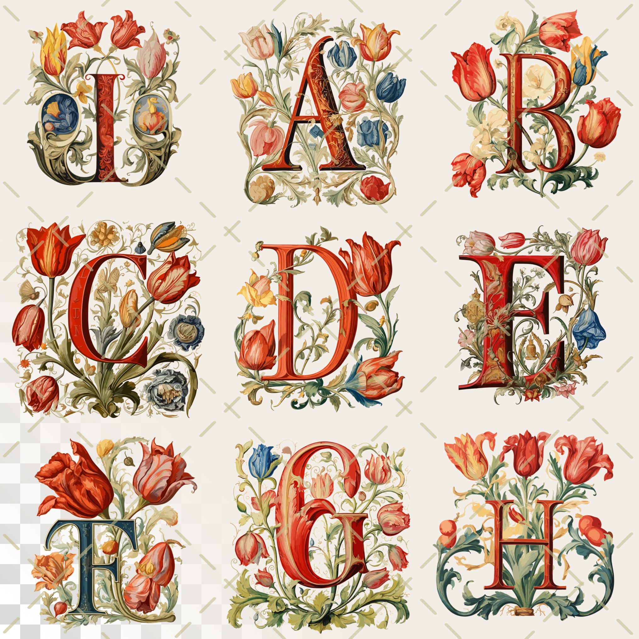 Tulips Alphabet | Transparent PNG SVG | Illuminated Letters | Dutch ...