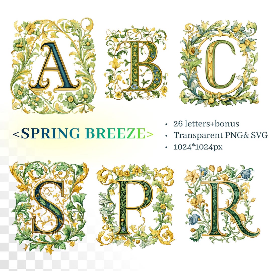Spring Breeze Alphabet | Transparent PNG SVG | Illuminated Letters ...