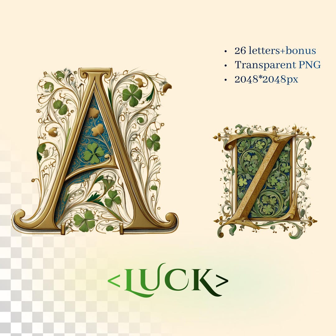 Lucky Clover Alphabet | Transparent PNG | Medieval Illuminated Letter ...