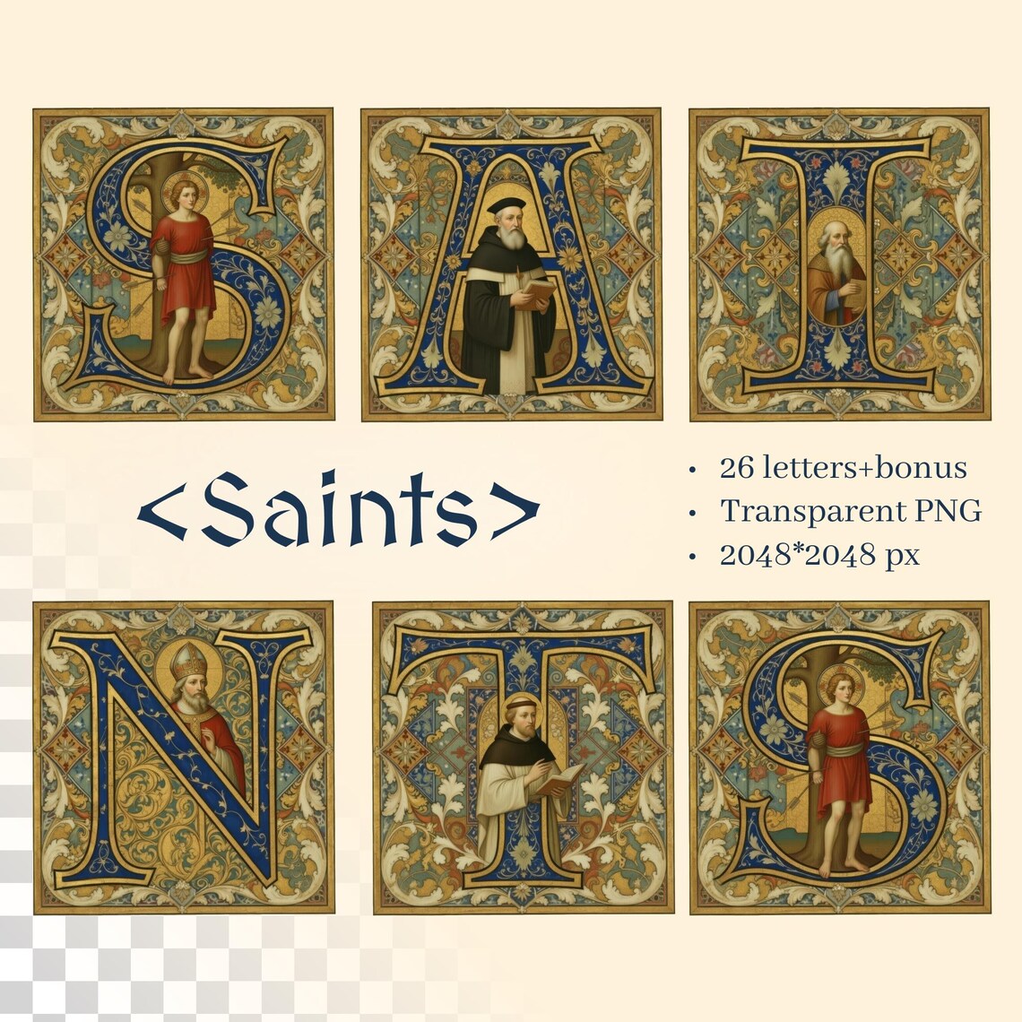 Saints Alphabet | Transparent PNG | Medieval Illuminated Manuscript ...