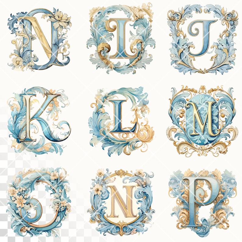 Rococo Alphabet | Transparent PNG Download | Watercolor Illuminated ...