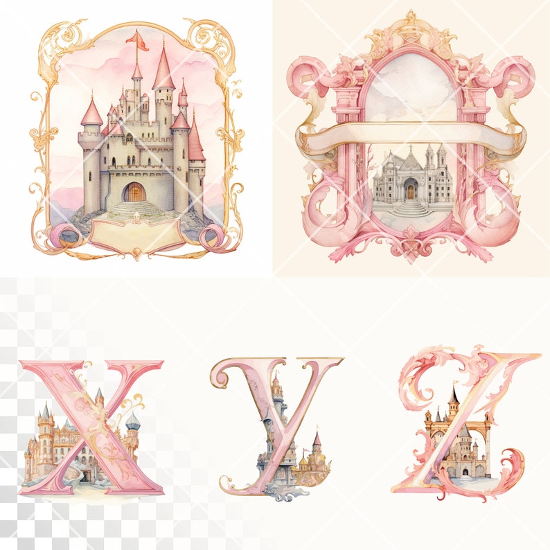 Fairytale Princess Castle Alphabet Transparent PNG SVG Watercolor ...