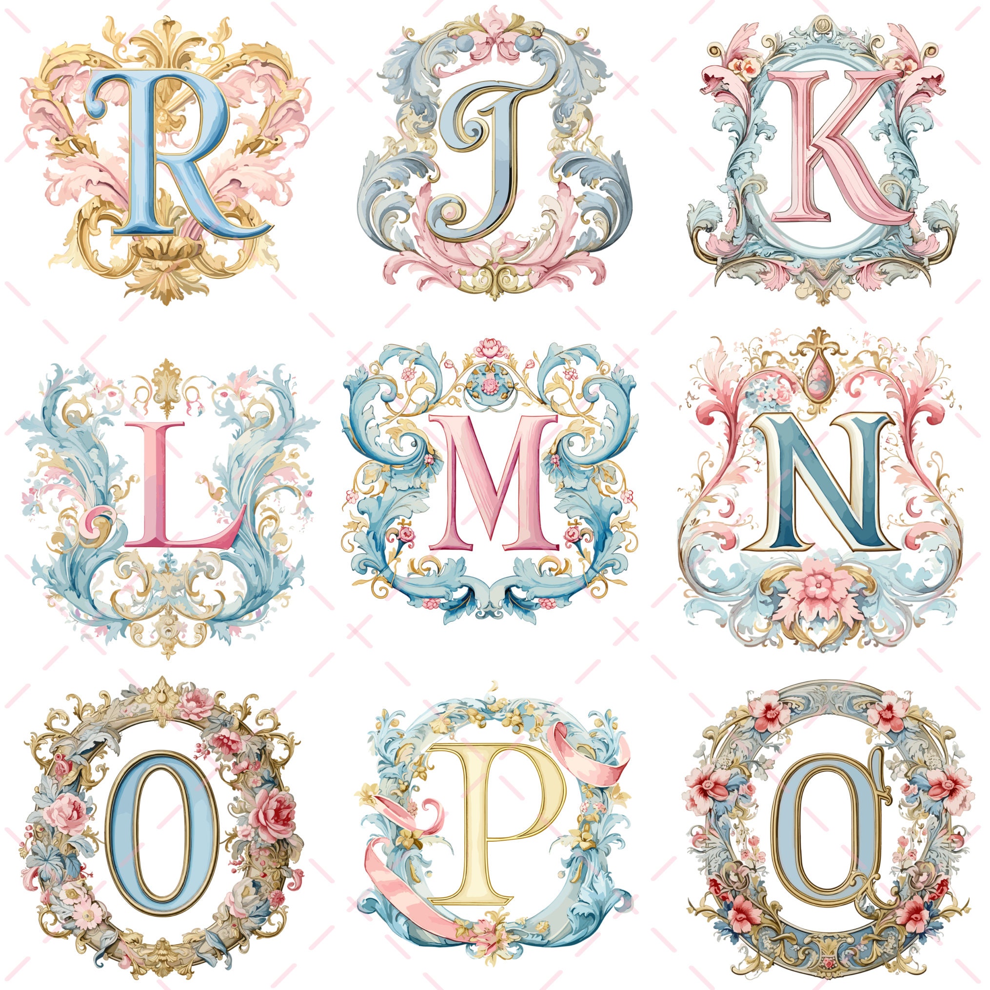Vintage Rococo Alphabet | Transparent PNG SVG | Pastel Illuminated ...