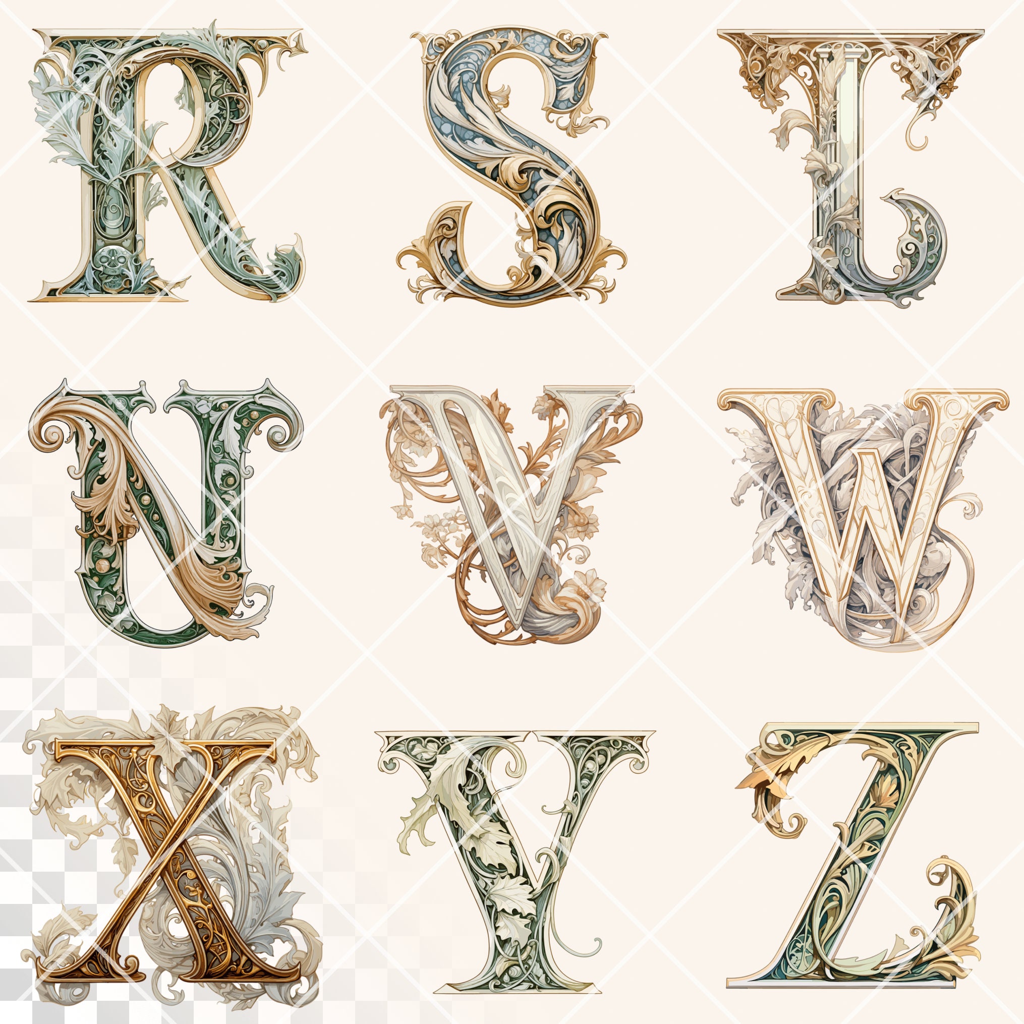 Woodland Realm Alphabet Transparent PNG SVG Elven Style Illuminated ...