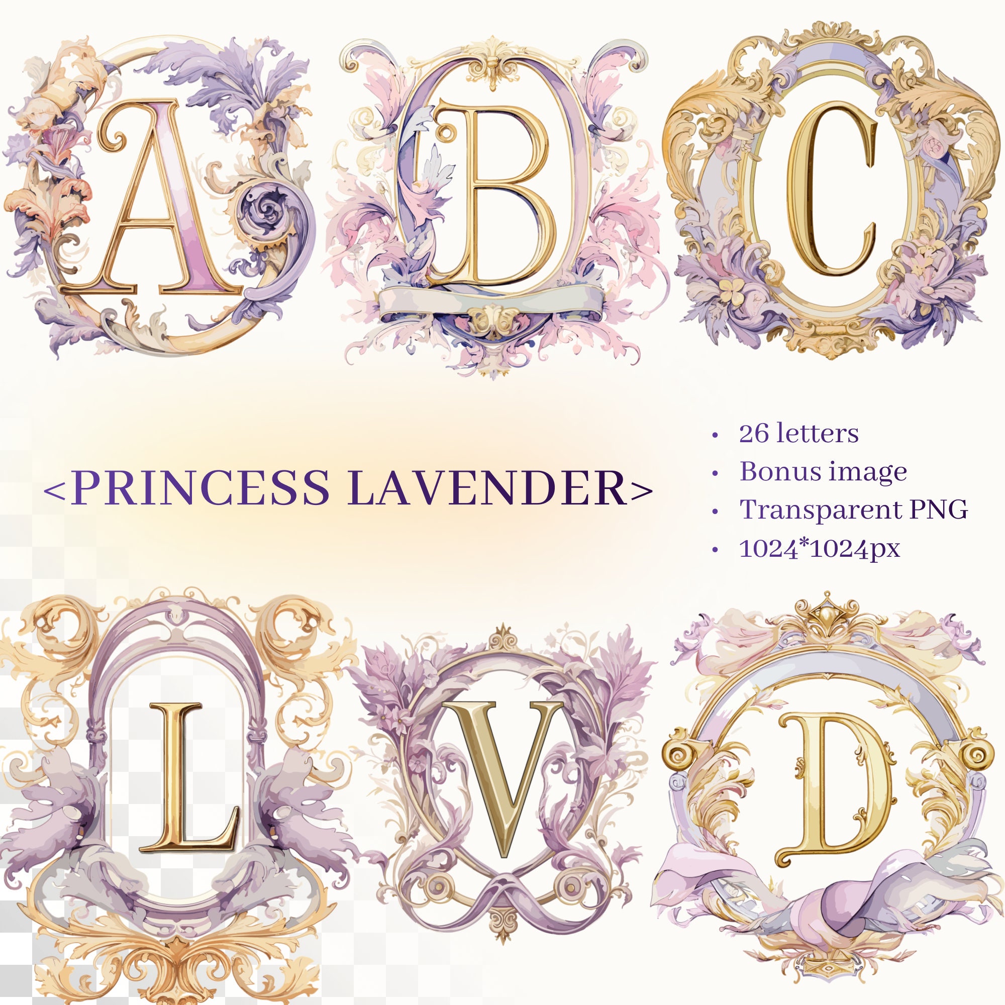 Lavender Princess Alphabet Transparent PNG Watercolor - Etsy