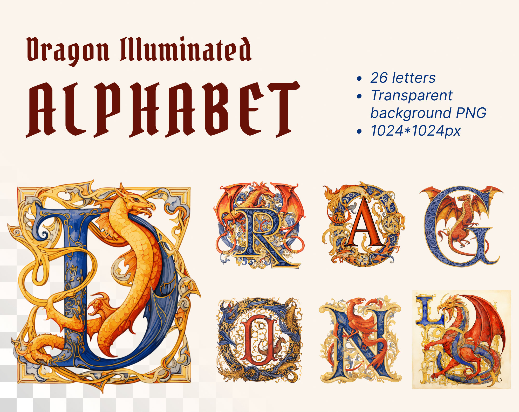 Dragon Alphabet Bundle Transparent PNG Download Illuminated Manuscript ...