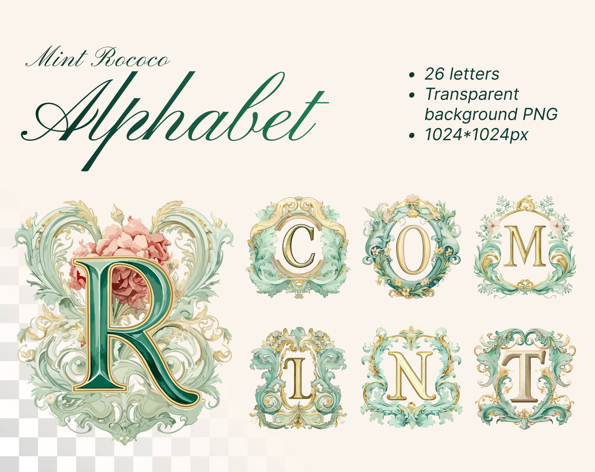 Rococo Easter Alphabet Bundle Transparent PNG Download Watercolor ...