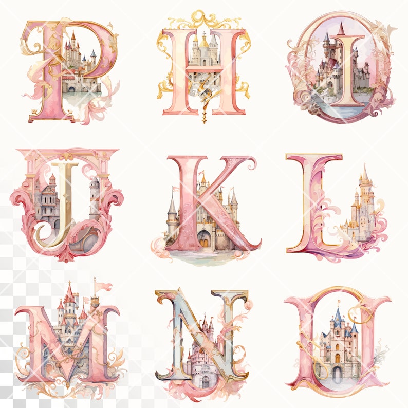 Fairytale Princess Castle Alphabet Transparent PNG SVG Watercolor ...
