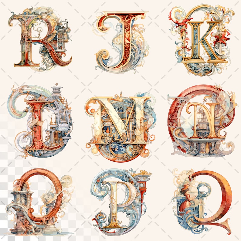 Art Nouveau Alphabet Architecture Transparent PNG SVG Watercolor ...