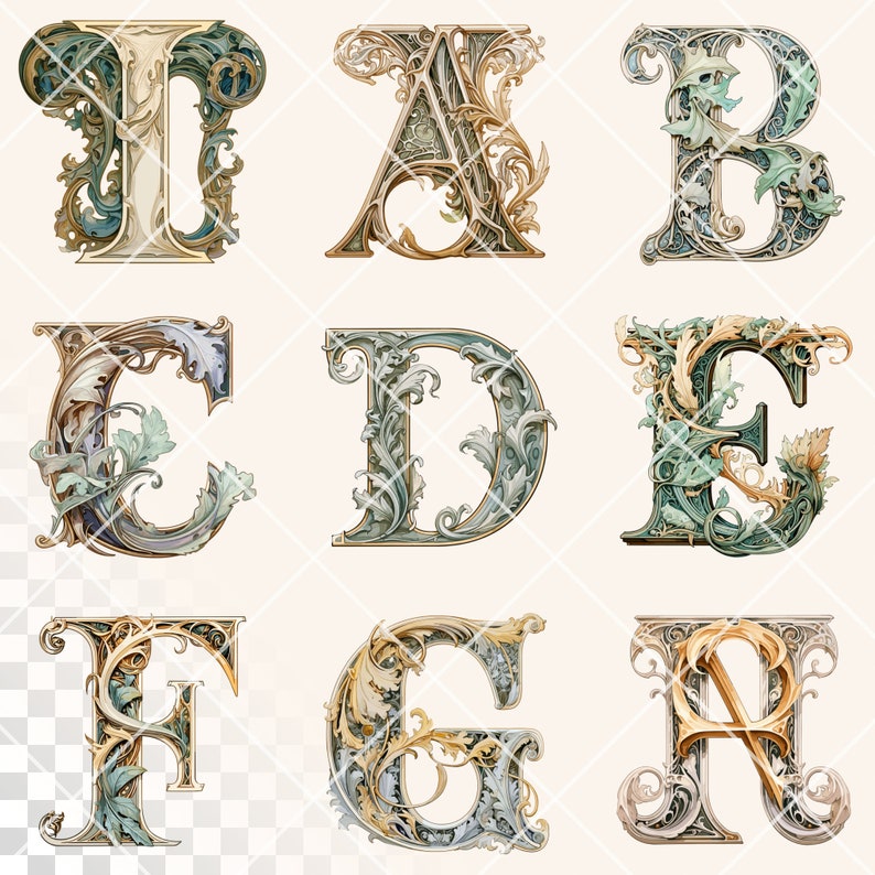 Woodland Realm Alphabet Transparent PNG SVG Elven Style Illuminated ...