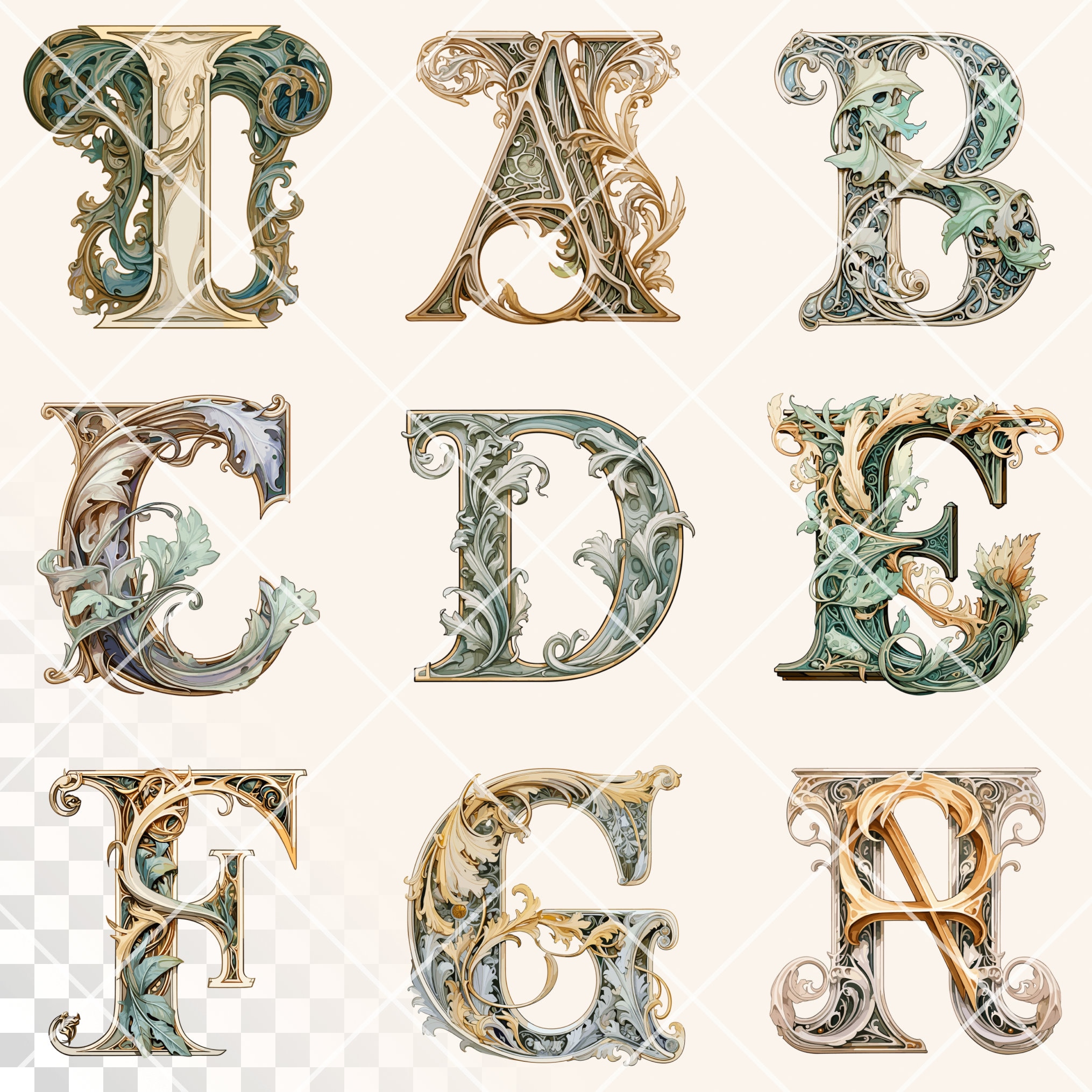 Woodland Realm Alphabet Transparent PNG SVG Elven Style Illuminated ...