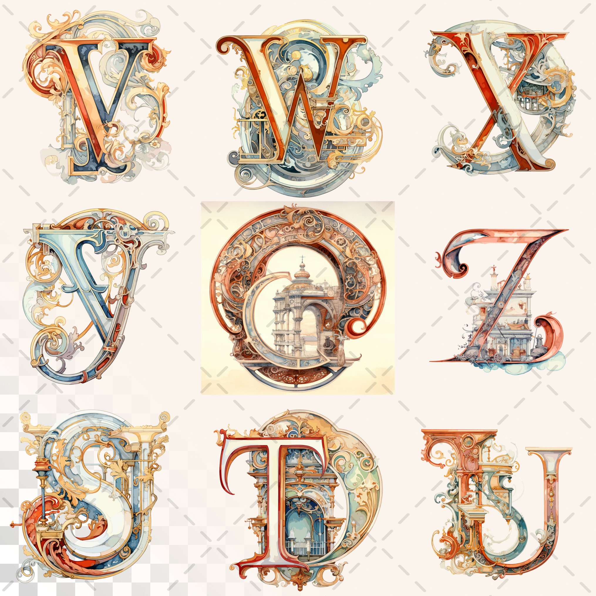Art Nouveau Alphabet Architecture Transparent PNG SVG Watercolor ...