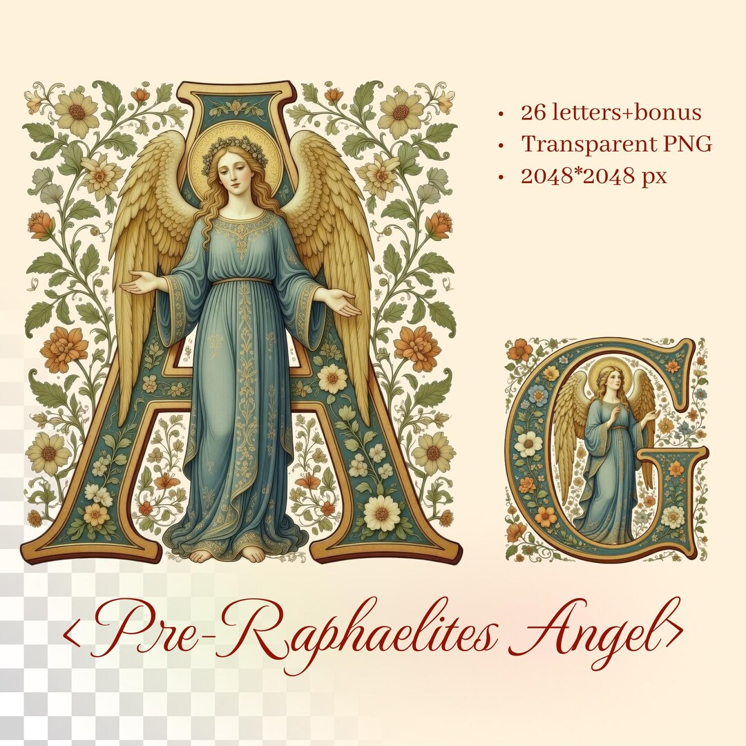 Pre-raphaelites Angel Alphabet | Transparent PNG | Medieval Illuminated ...