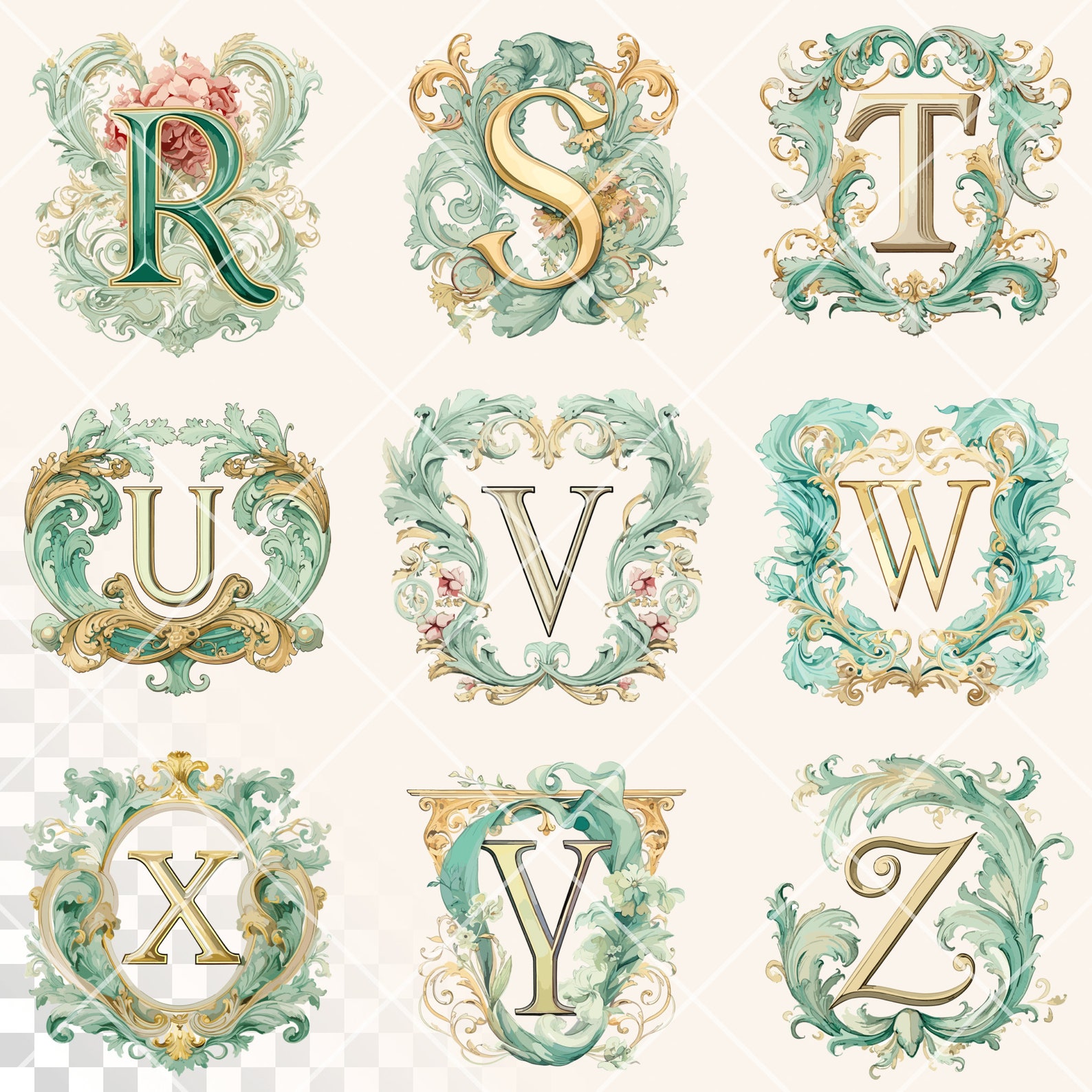 Rococo Easter Alphabet Bundle Transparent PNG Download Watercolor ...