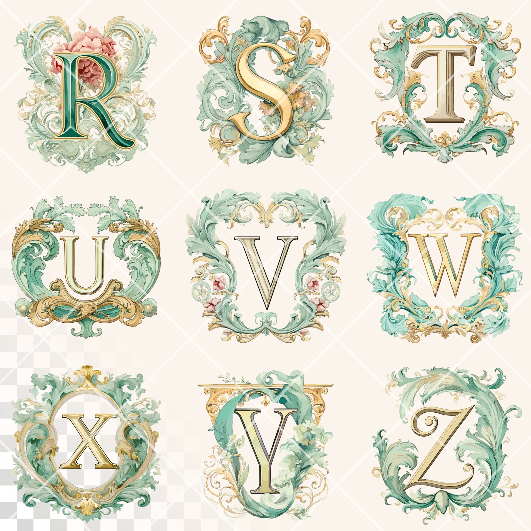 Rococo Easter Alphabet Bundle Transparent PNG Download Watercolor ...
