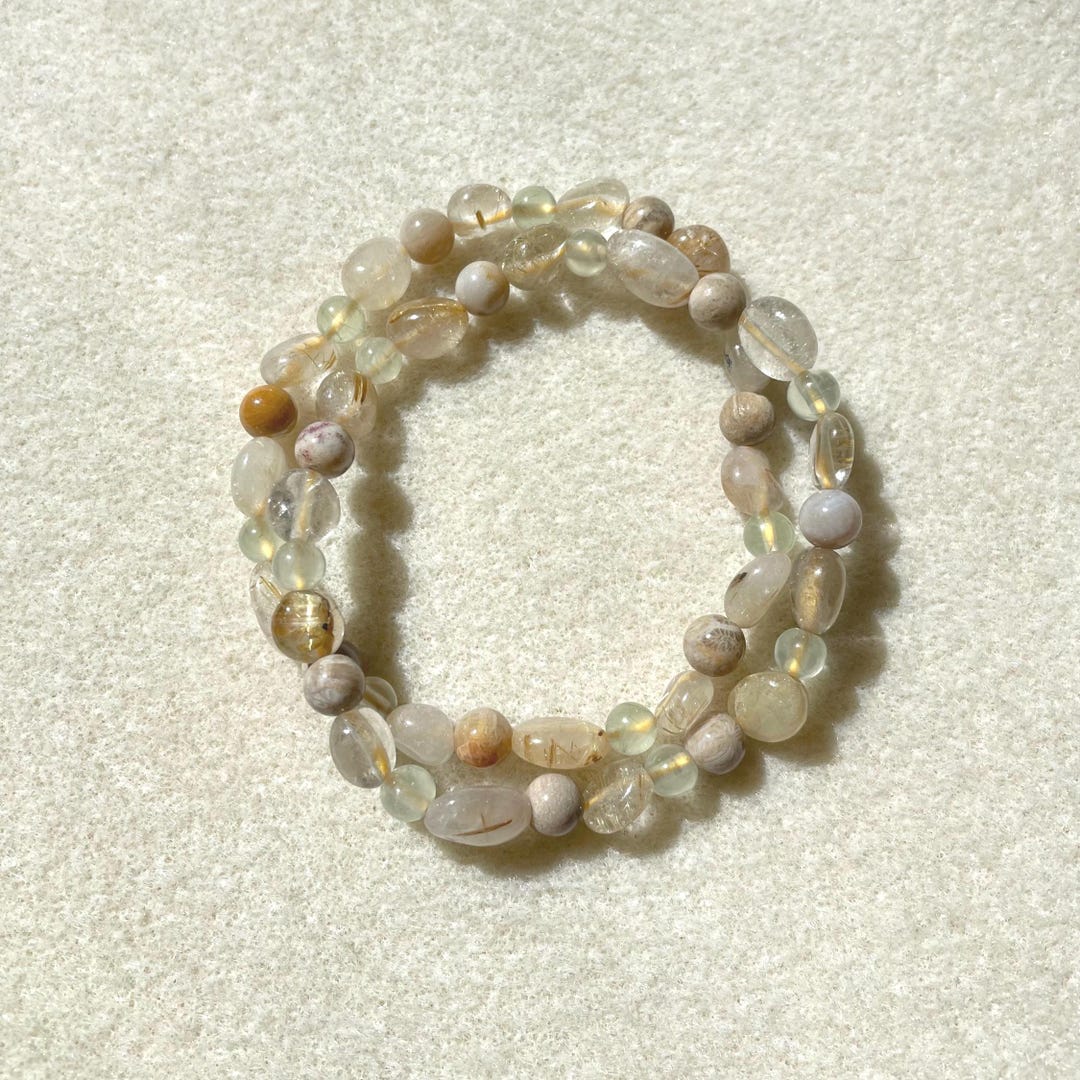 Golden Rutilated Quartz Beaded Bracelet, With Prehnite & Agatized Coral ...