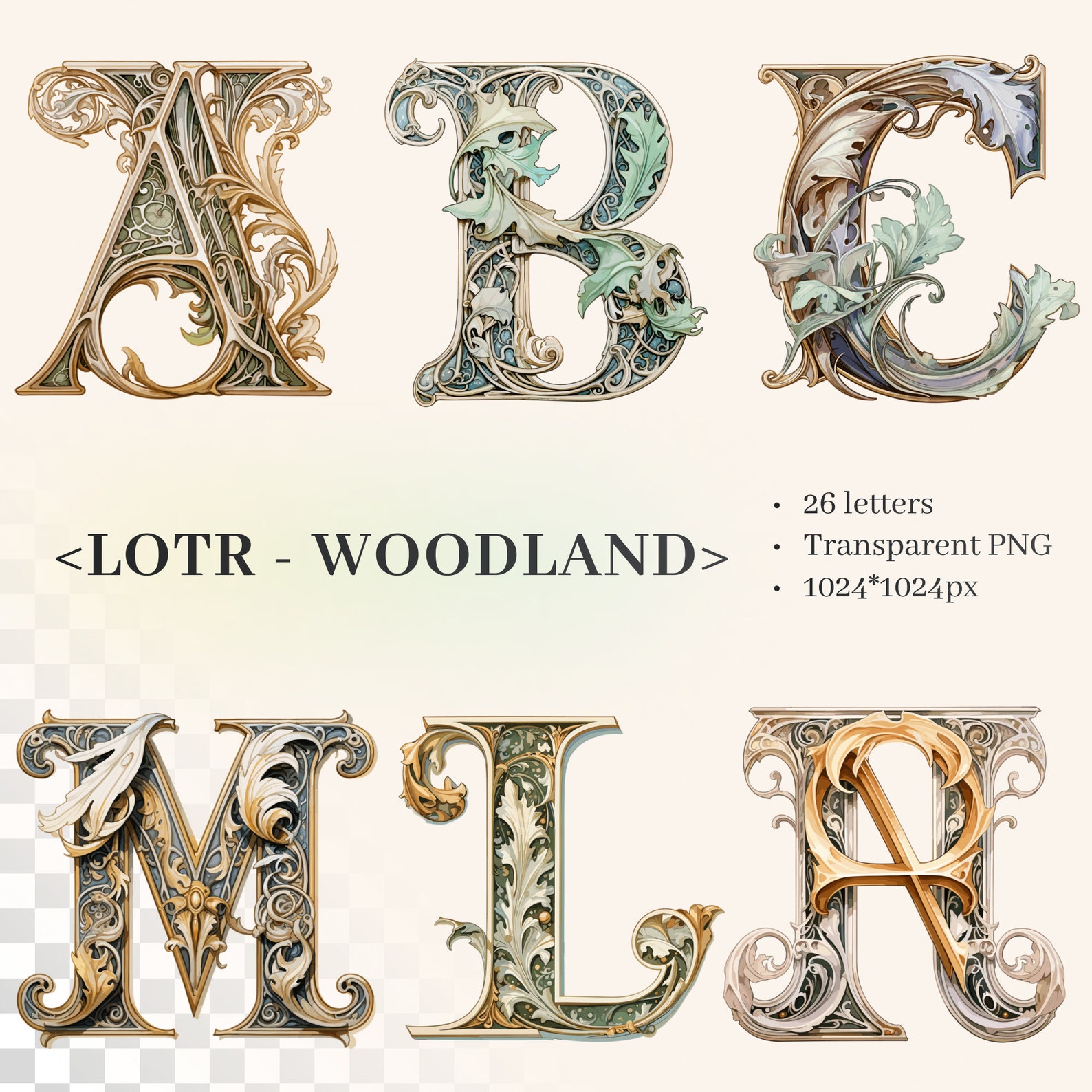 Woodland Realm Alphabet Transparent PNG SVG Elven Style Illuminated ...