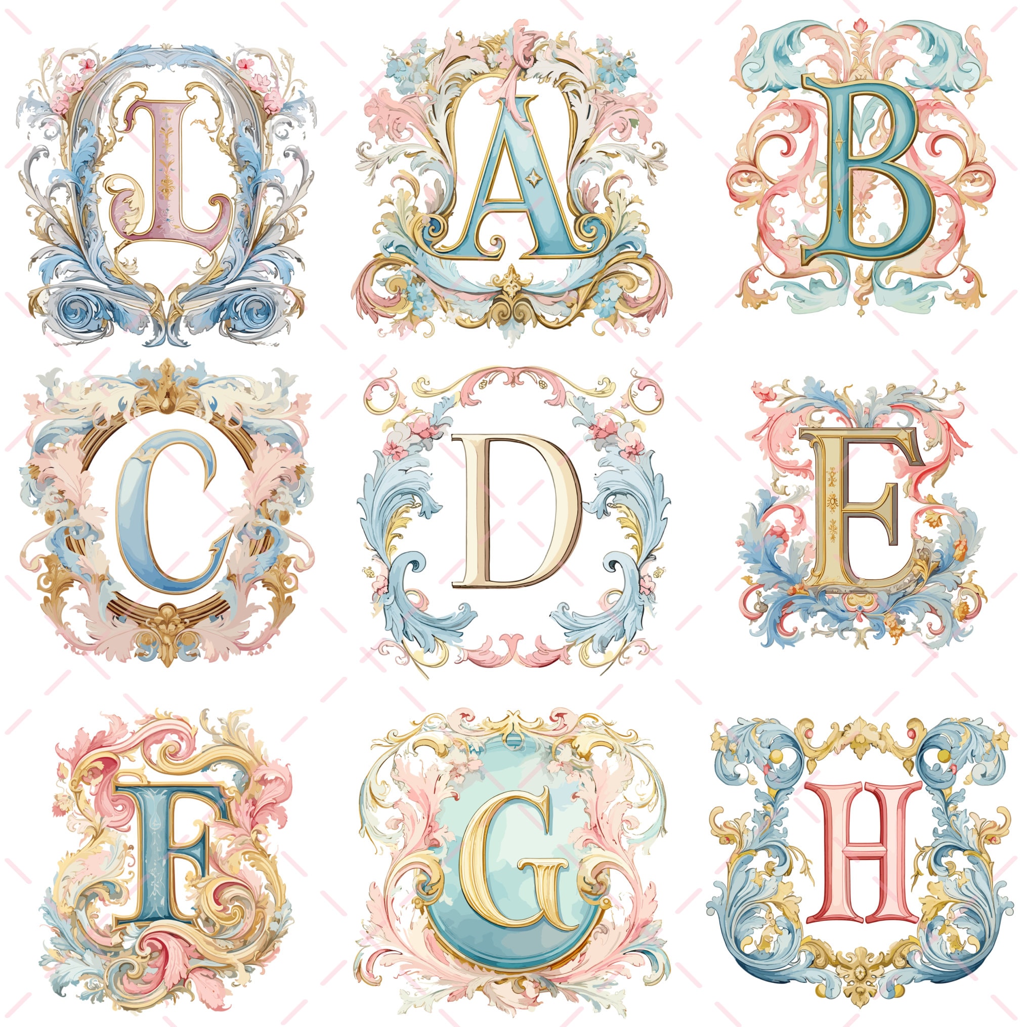 Vintage Rococo Alphabet | Transparent PNG SVG | Pastel Illuminated ...
