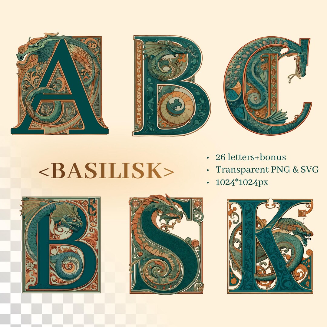 Basilisk Alphabet | Transparent PNG SVG | Illuminated Manuscript ...