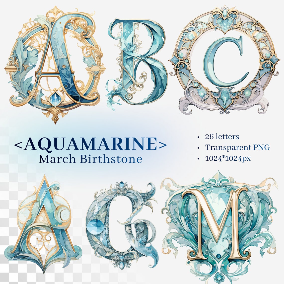 Aquamarine Alphabet Transparent PNG SVG Illuminated - Etsy