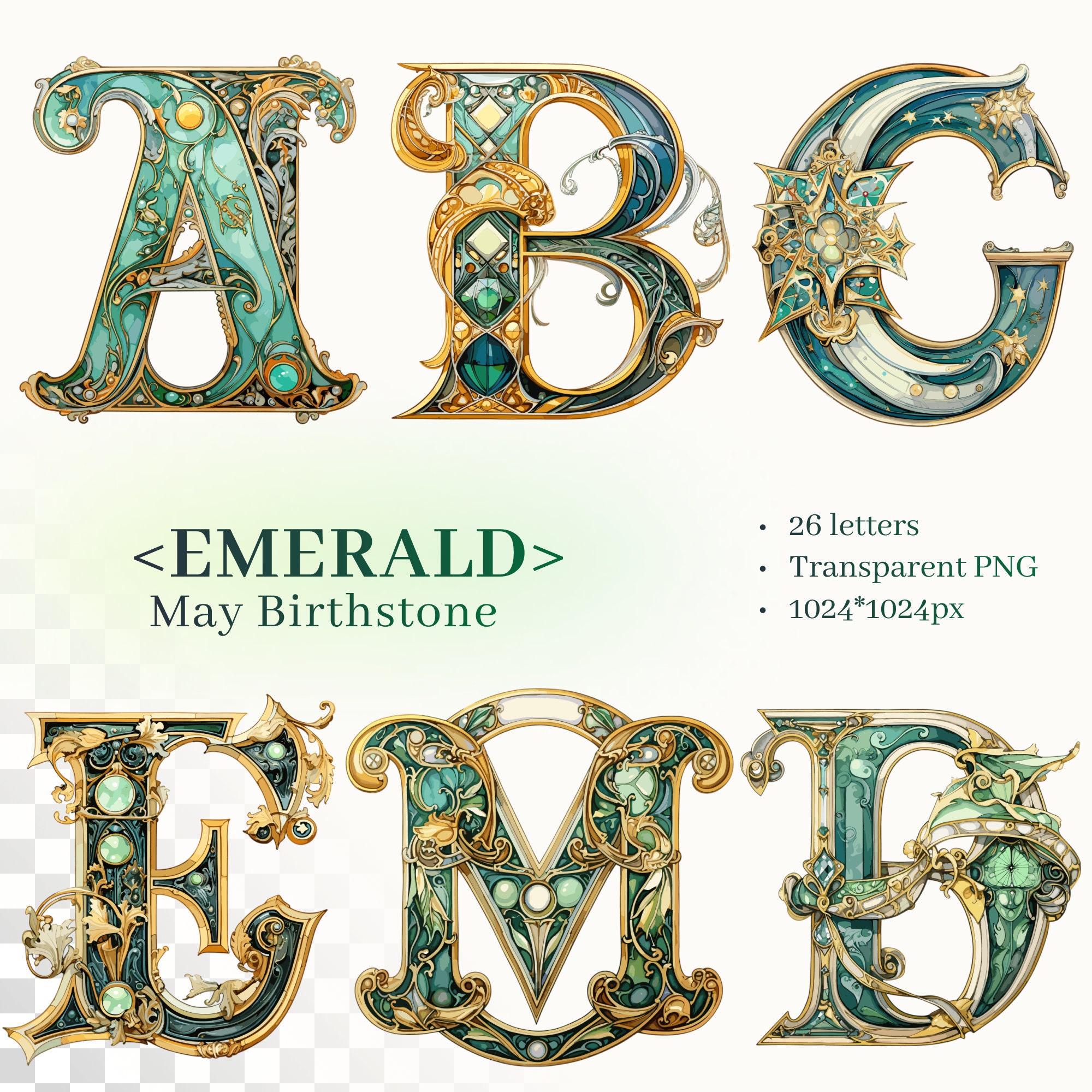 Emerald Alphabet | Transparent PNG SVG | Illuminated Letters | May ...