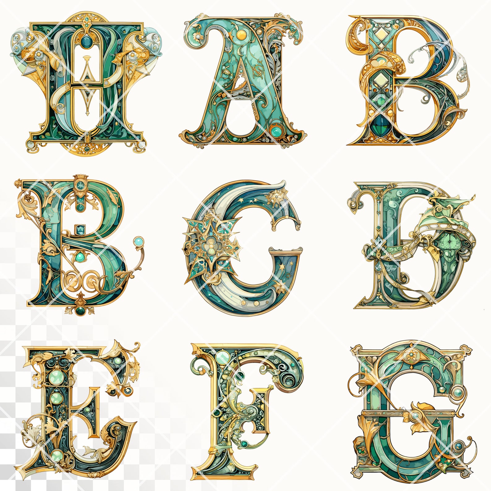 Emerald Alphabet | Transparent PNG SVG | Illuminated Letters | May ...