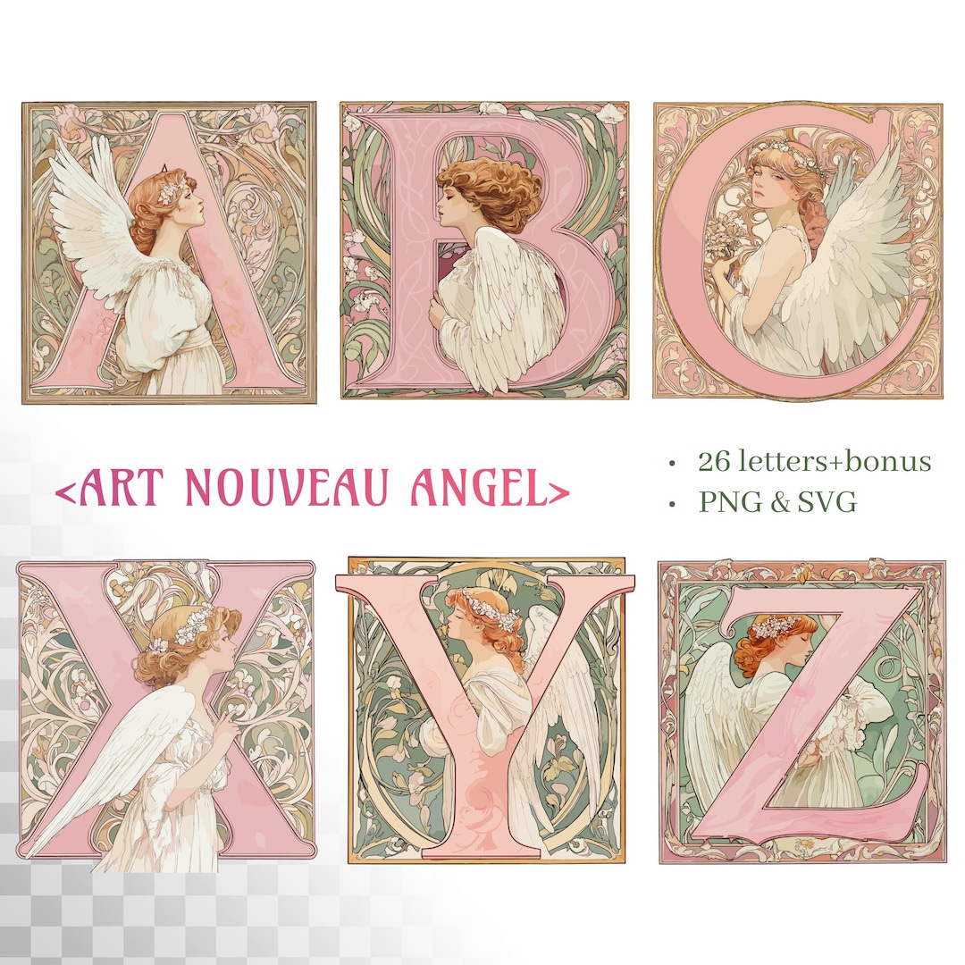 Art Nouveau Angel Alphabet | PNG Watercolor | Illuminated Letters ...