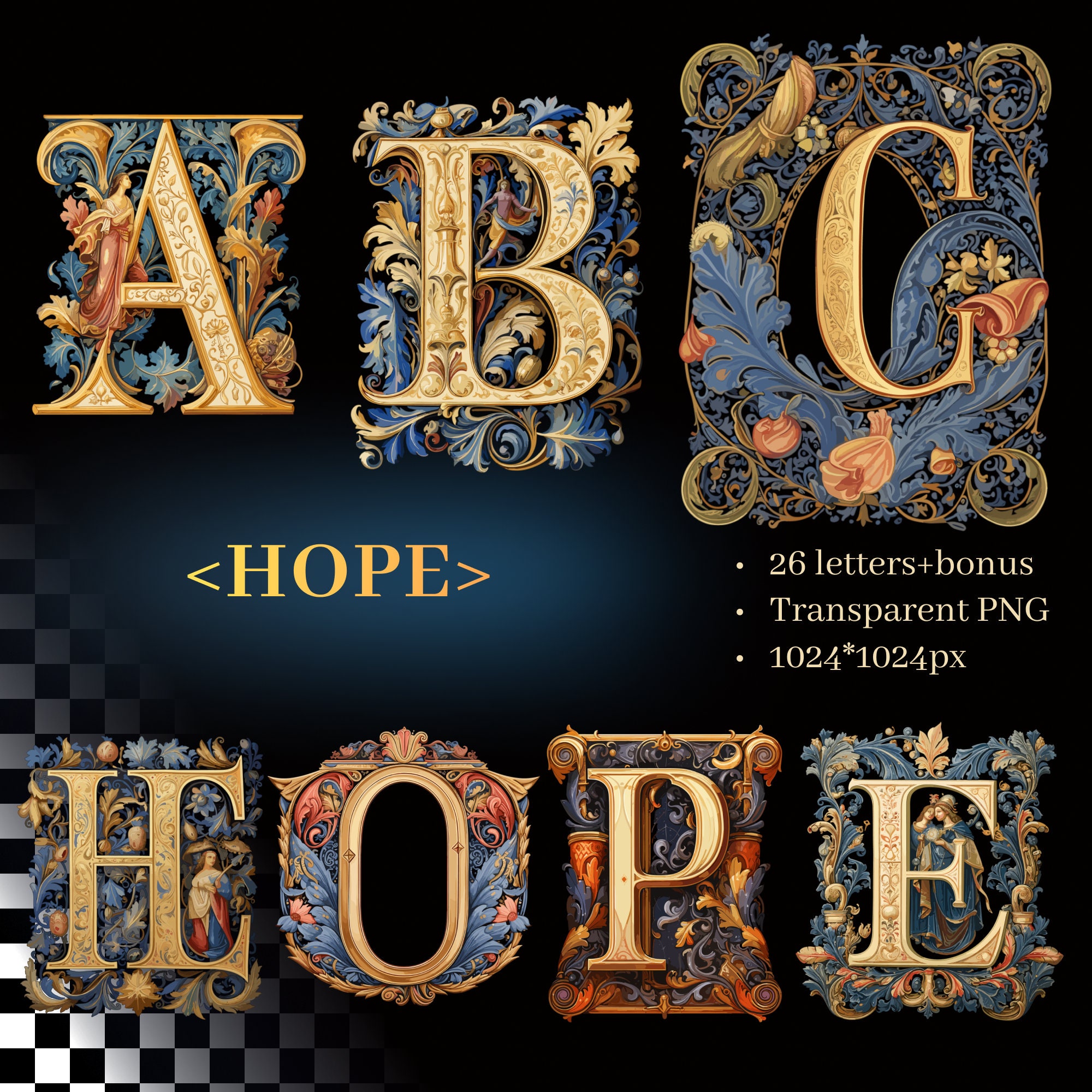 Hope Virtue Alphabet Transparent PNG SVG Gilded Medieval Illuminated ...