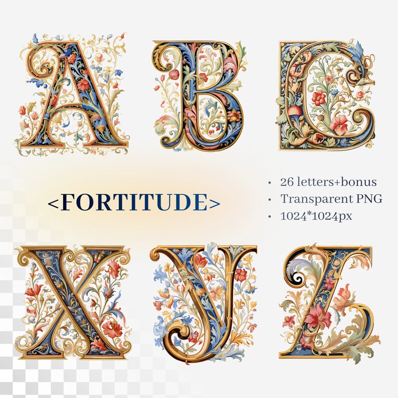 Fortitude Virtue Alphabet | Transparent PNG SVG | Medieval Illuminated ...