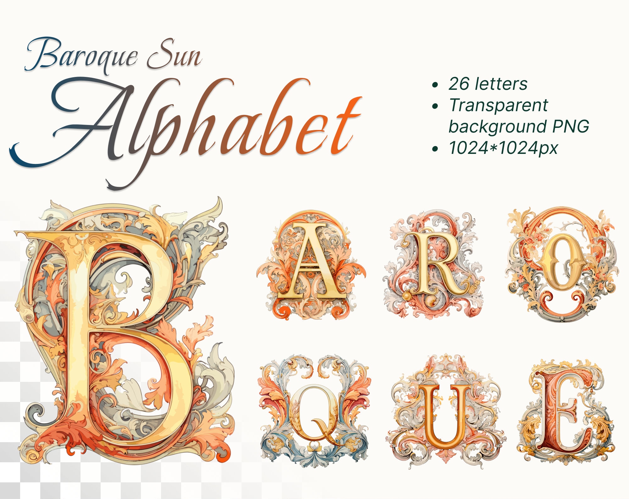Baroque Sun Alphabet | Transparent PNG Download | Watercolor ...