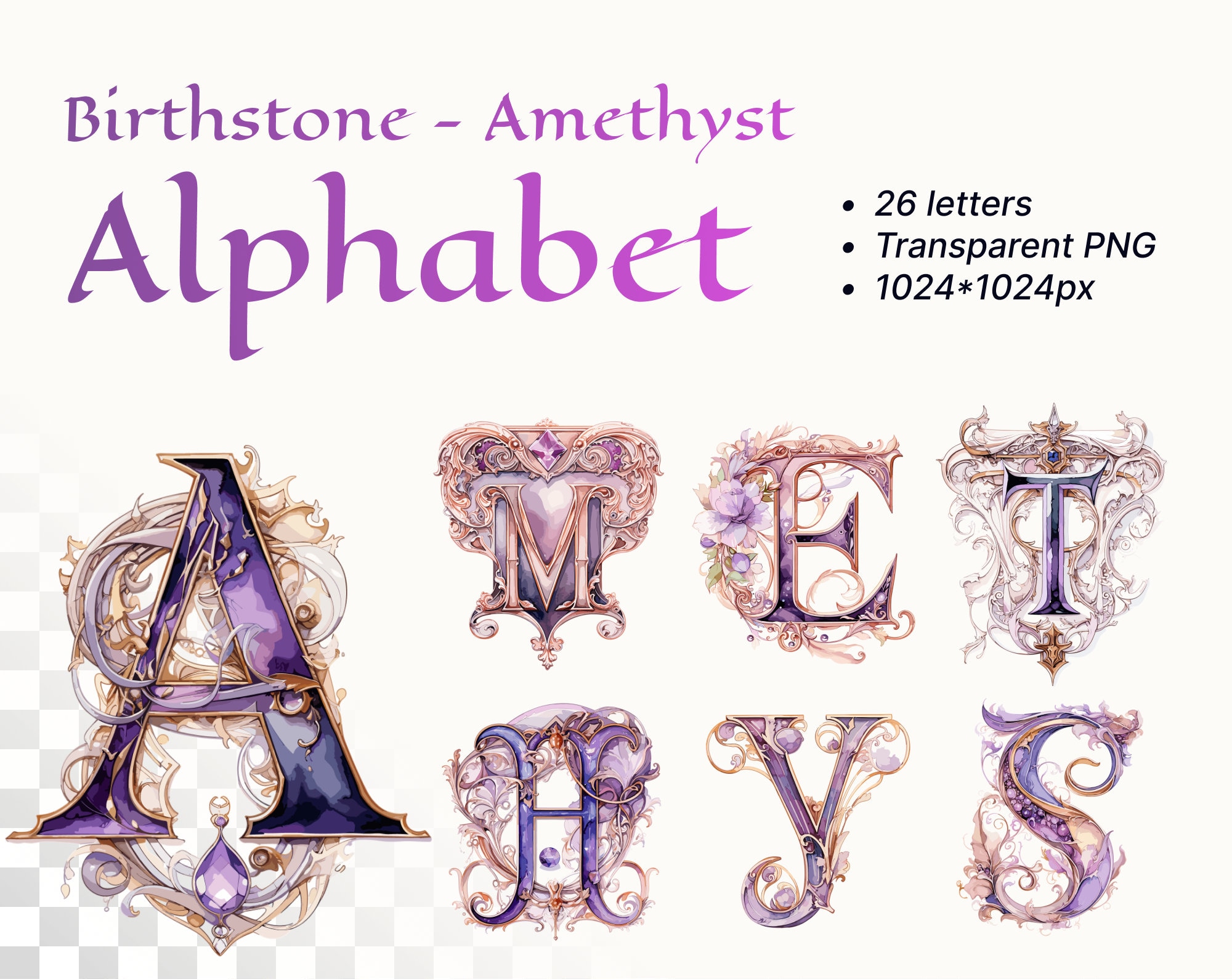 Amethyst Alphabet | Transparent PNG SVG | Illuminated Letter | February ...
