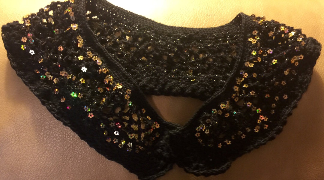 Hand Crocheted Collar / Black Lace Metallic and Gold Flower Sequins ...