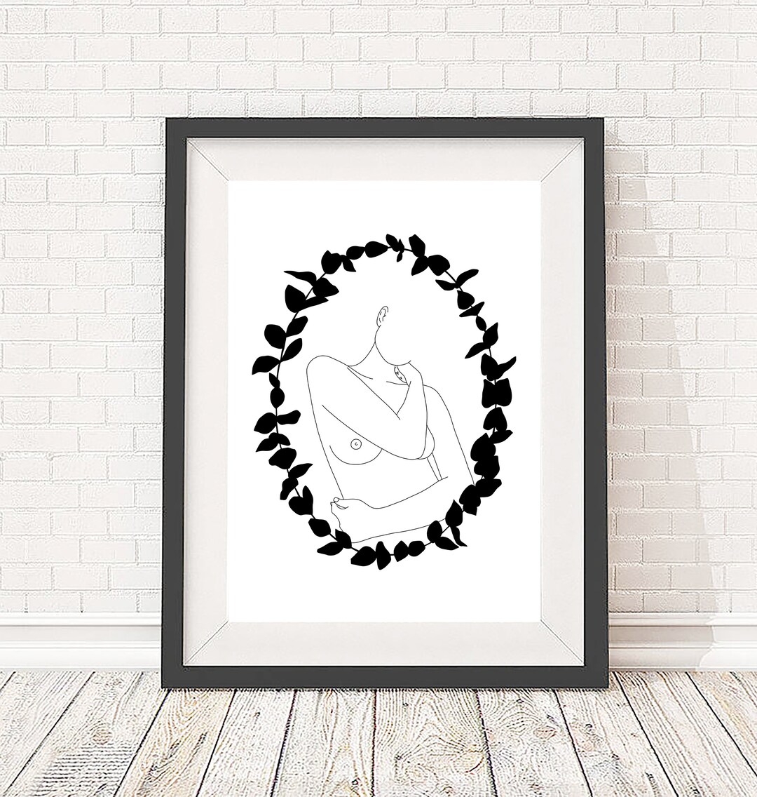 Art Print, Minimal Figure Line Drawing With Botanical Border ...