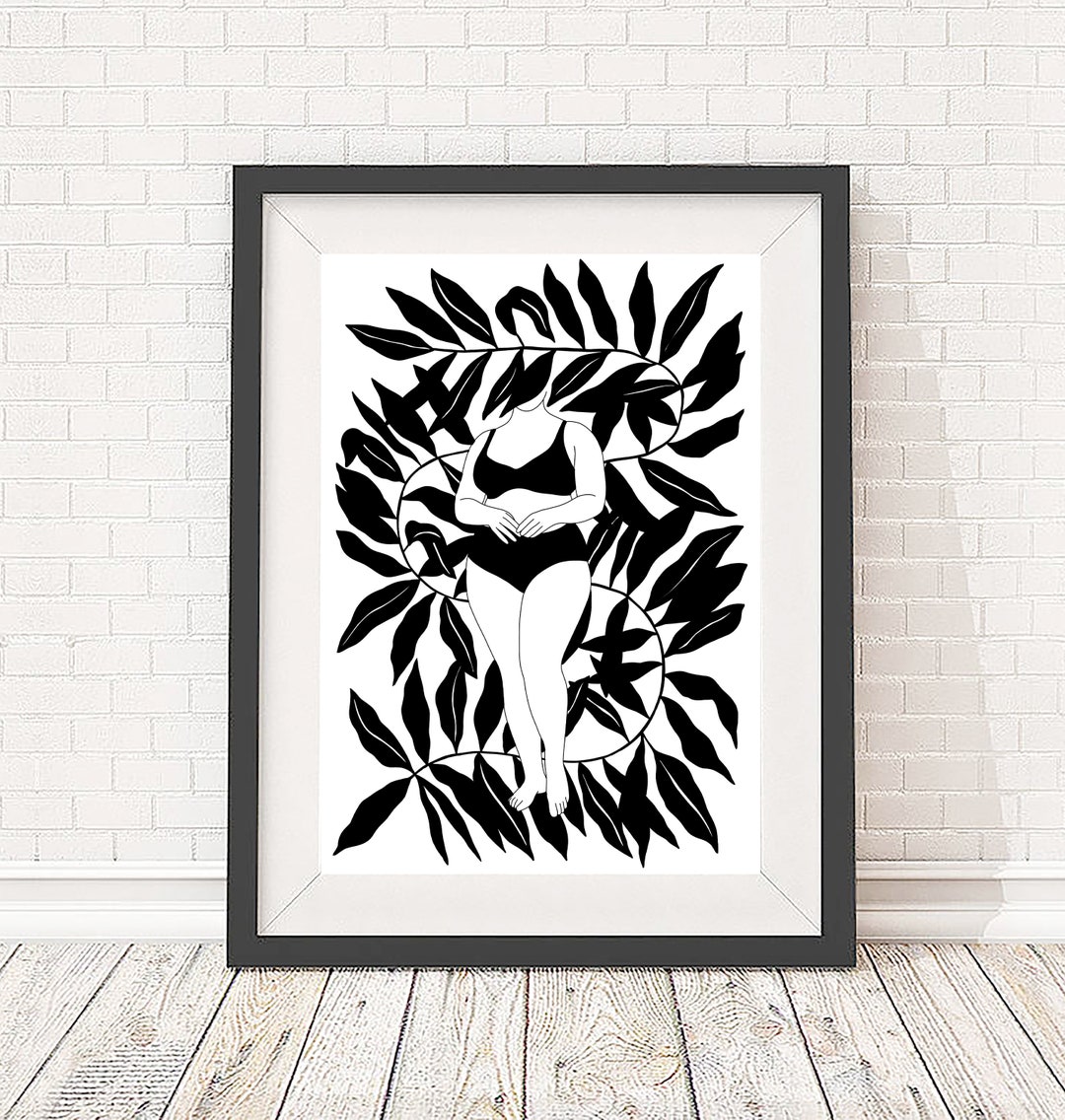 Art Print Minimal Figure Line Drawing With Botanical Plant - Etsy