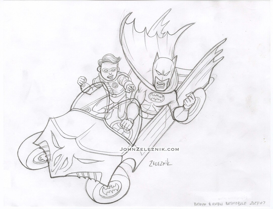 BATMAN & ROBIN Batmobile Original Pencil Drawing by Zeleznik, One of a ...